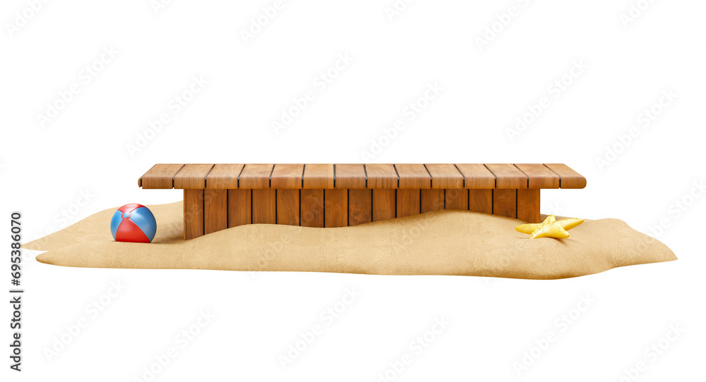 Scenery with wooden podium on beach with realistic beach objects on ...