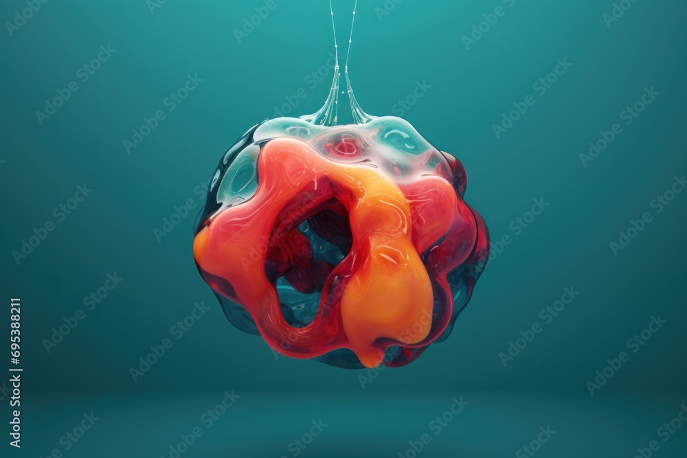 a red, orange and blue object floating in the air with a drop of water coming out of it's center ...