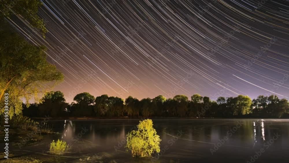 Amazing Starry Effects. Star Trails On Night Sky Background. 4k Timelapse Night Sky Above River ...