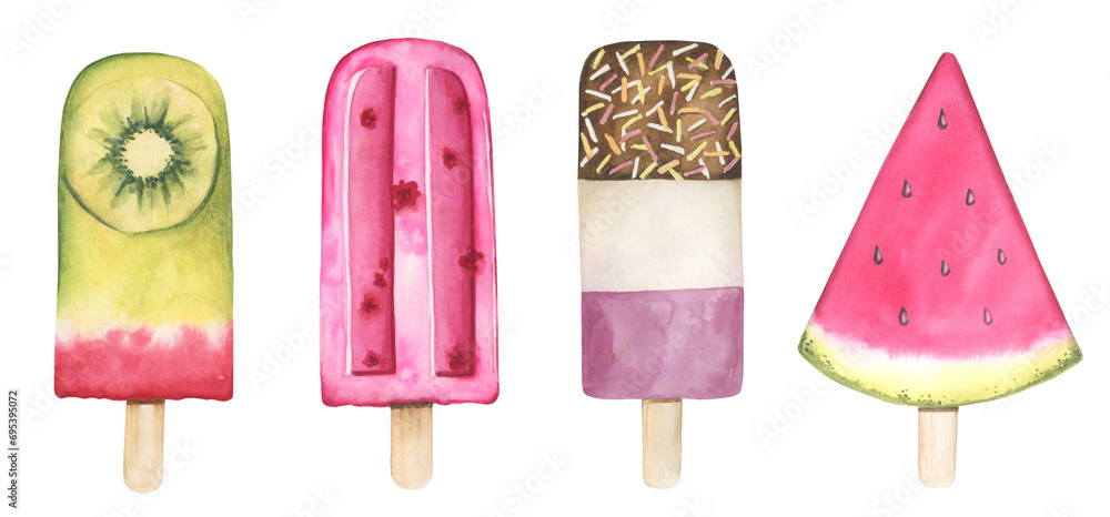 Isolated set of watercolour ice lollies. Hand painted design element ...