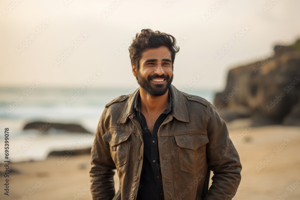 Portrait of a blissful indian man in his 20s sporting a rugged denim ...