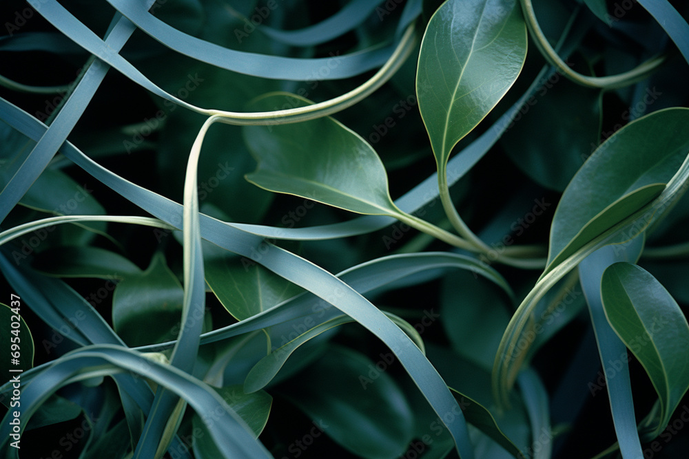 An abstract composition featuring intertwining plant forms, creating a ...