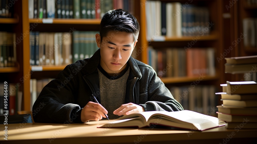 Focused student studying alone in a library with books piled high ...