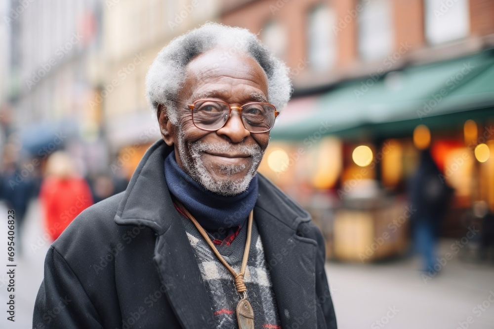 Portrait of a glad afro-american elderly 100 years old man wearing a ...