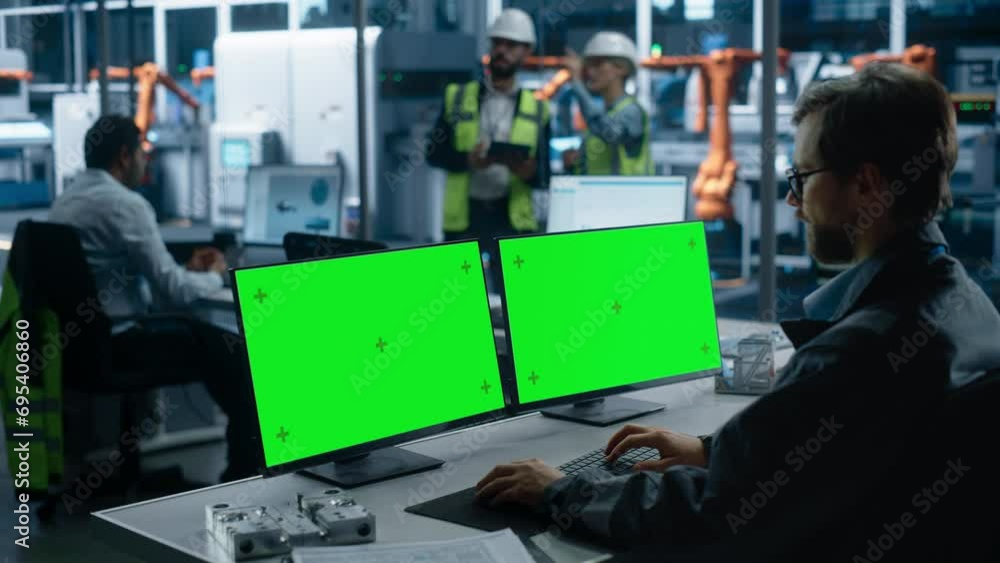 Caucasian Male Engineer Controlling Autonomous Conveyor With Robot Arms ... Caucasian Male Engineer Controlling Autonomous Conveyor With Robot Arms ...
