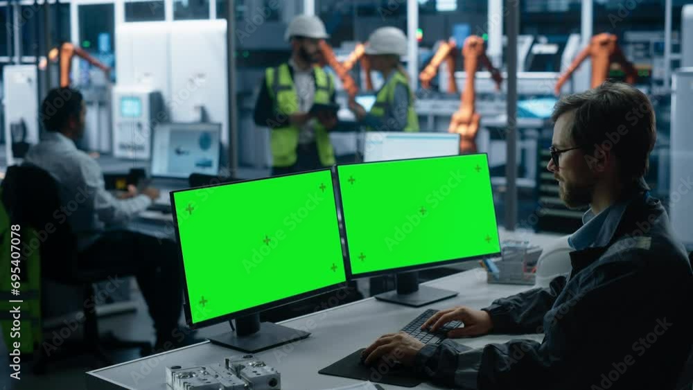 Male Specialist Controlling Autonomous Conveyor With Robotic Arms At ...