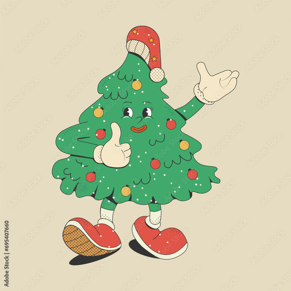 Cartoon character groovy Christmas tree with eyes, legs, arms, isolated ...