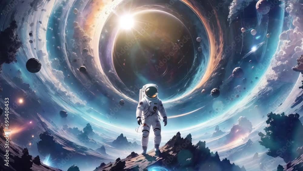 Astronaut in space suit standing on planet. Sci-fi black hole cosmic ...
