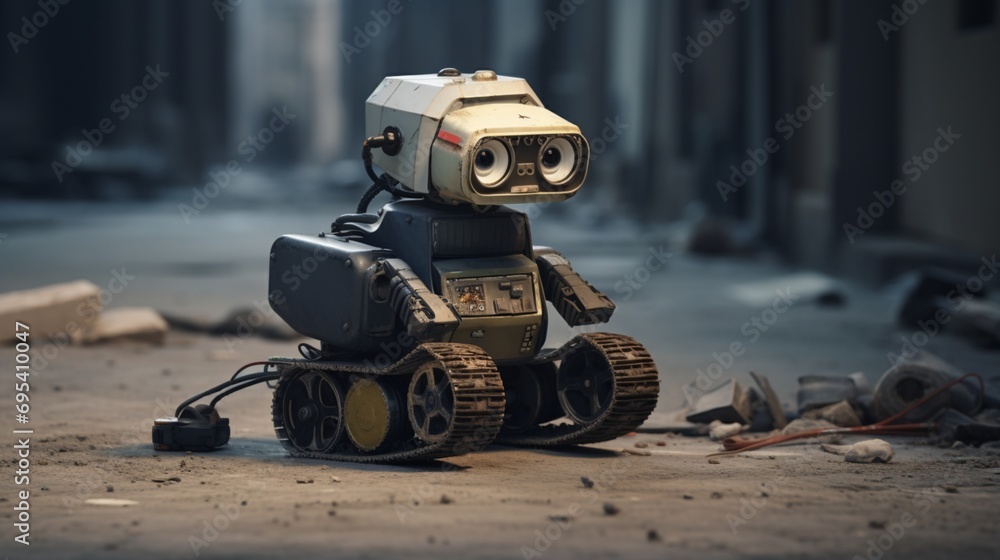 A bomb squad robot delicately maneuvering near a suspicious package ...