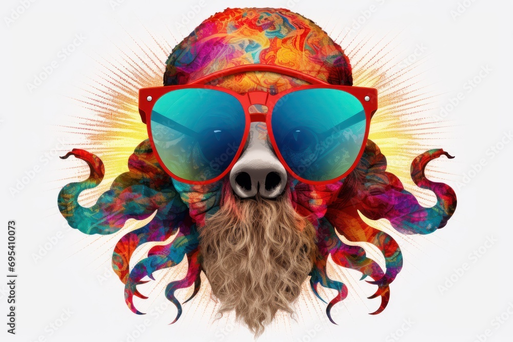 a man with a beard wearing sunglasses and a beard with an octopus on it ...