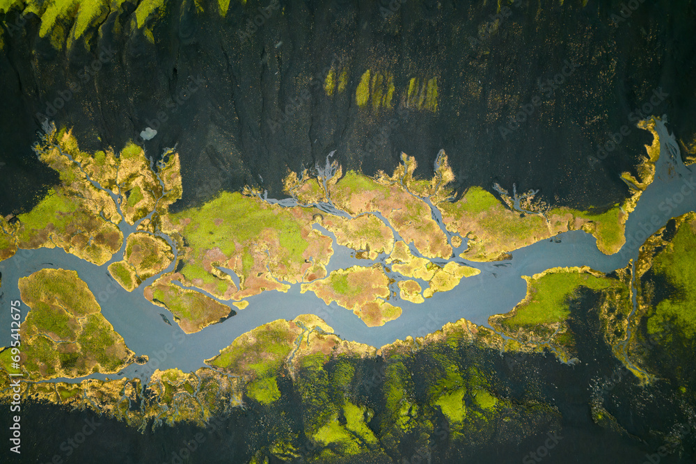 Top view drone image of breathtaking drone view of river estuary curvy ...