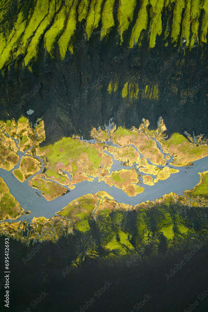 Top view drone image of breathtaking drone view of river estuary curvy ...