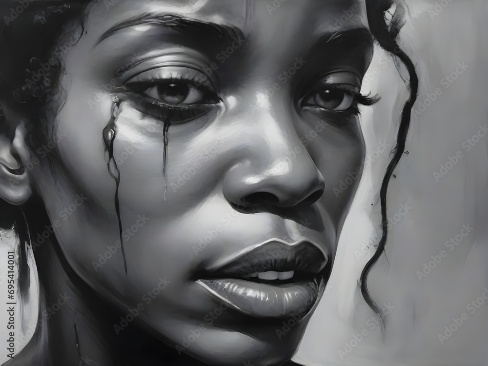 Black and white portrait of the face of a suffering black woman ...