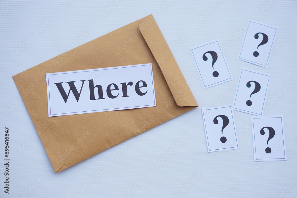 Word cards with question word Where on brown envelope and cards of ... Word cards with question word Where on brown envelope and cards of ...