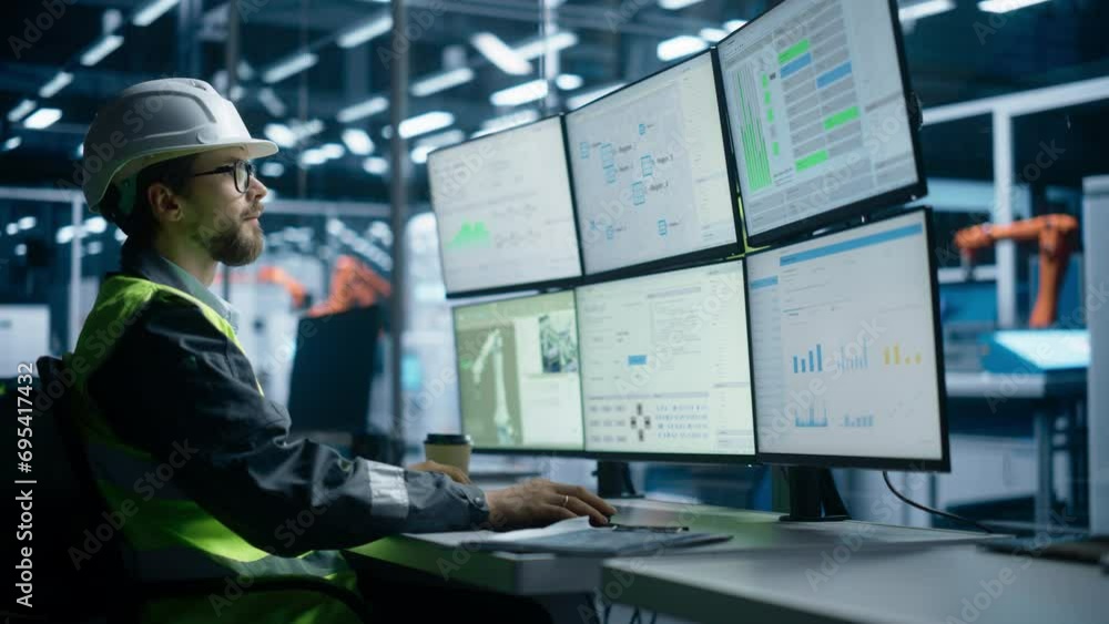 Caucasian Male Process Engineer Using Multi Monitor Workstation To ...