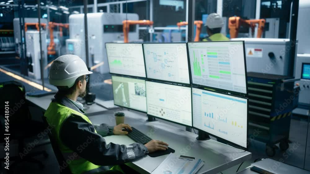 Caucasian Male Process Engineer Using Multi Monitor Workstation To ...