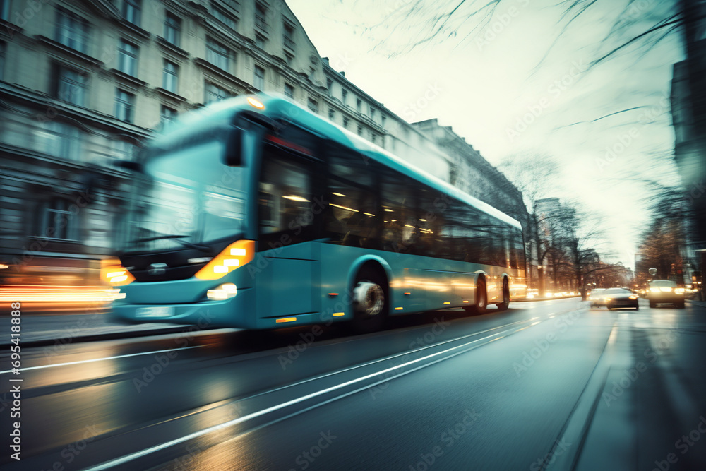 Generative AI illustration of city bus in motion driving through urban ...