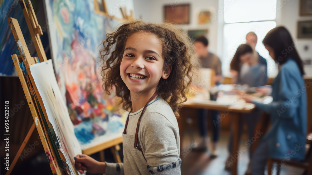 little beautiful girl draws on an easel in an art studio, drawing ...