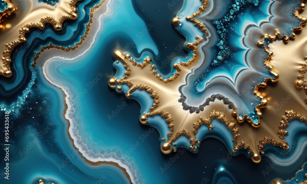 3d Golden, blue, turquoise and gray background. Resin geode and ...