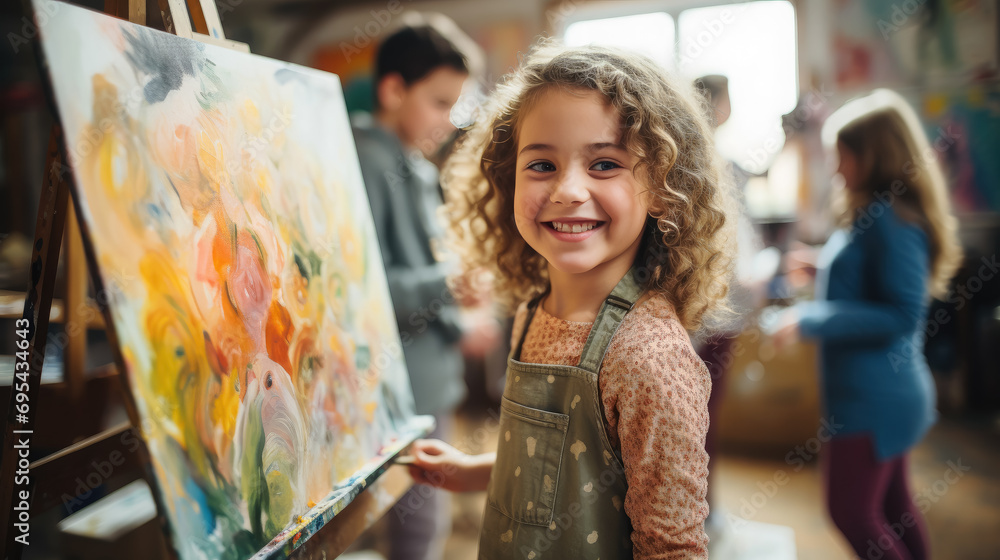 little beautiful girl draws on an easel in an art studio, drawing ...