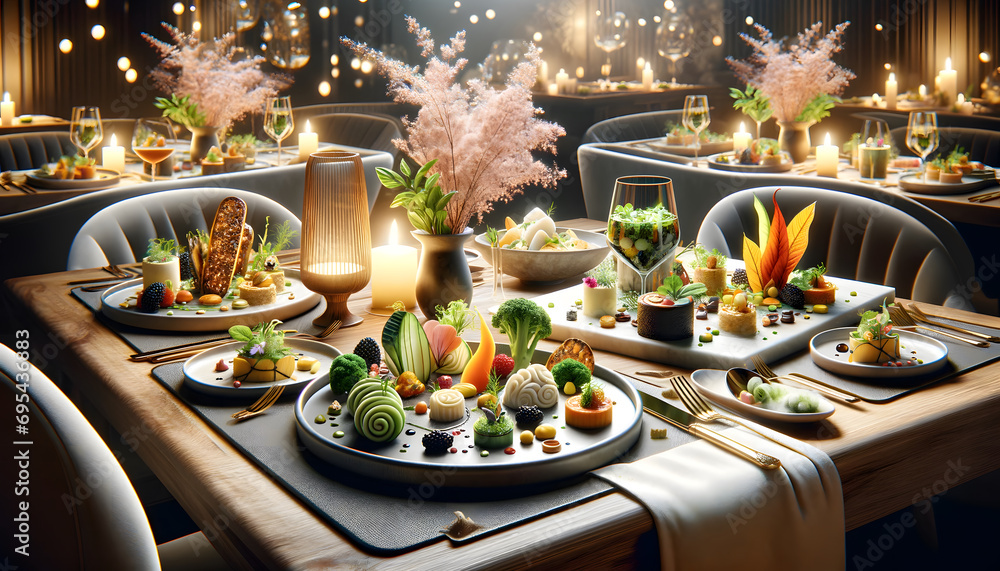 Diverse range of gourmet plant-based dishes in a luxurious, modern fine ...