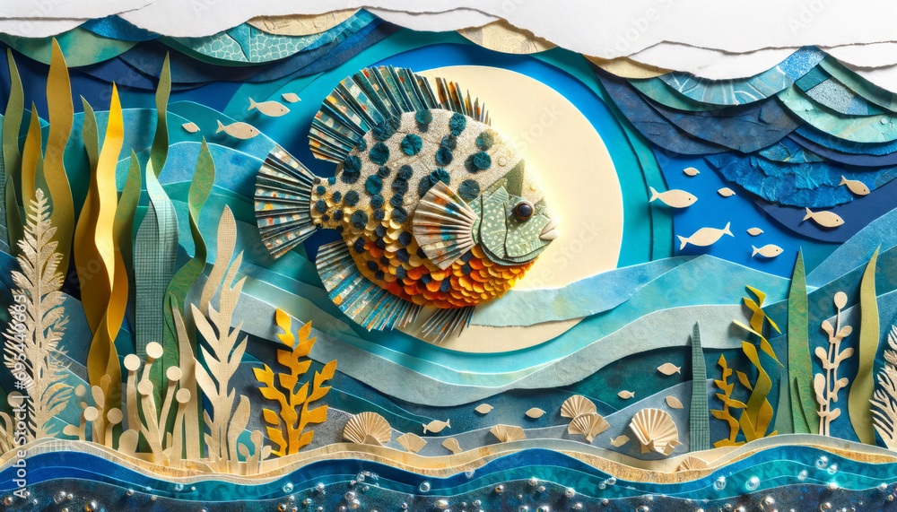 Create a handcrafted scene of a sunfish basking near the water surface ...