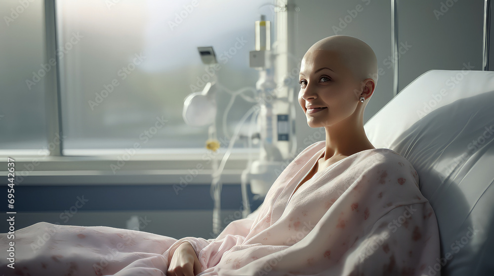 Beautiful bald female patient lies in a hospital bed and smiles ...