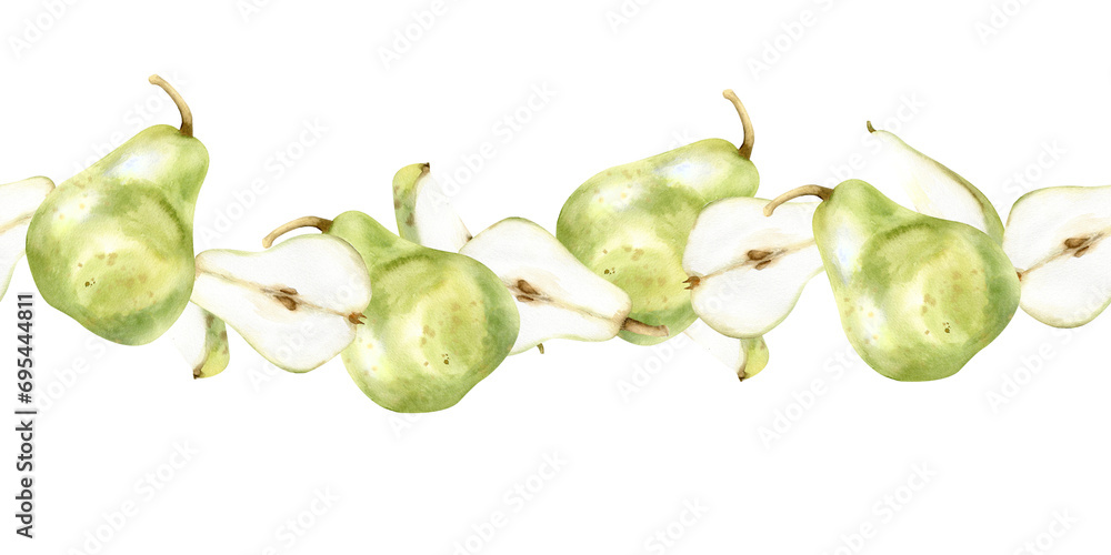 Watercolor hand drawn green pears seamless banner. Summer fruits border ...
