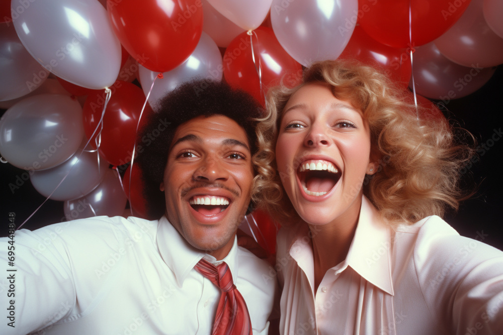 Vintage office celebration party with friends having a great time with ...