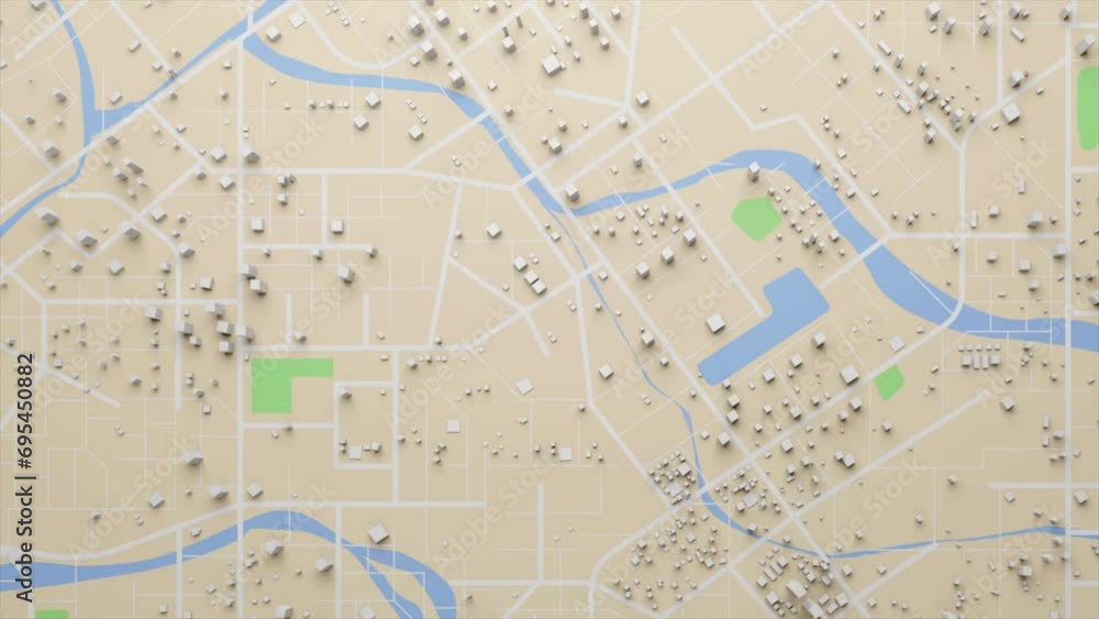 3D Rendering Top view City map with navigator line and destination GPS ...