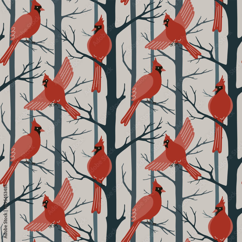 Red cardinal birds seamless pattern. Northern cardinal birds and bare ...
