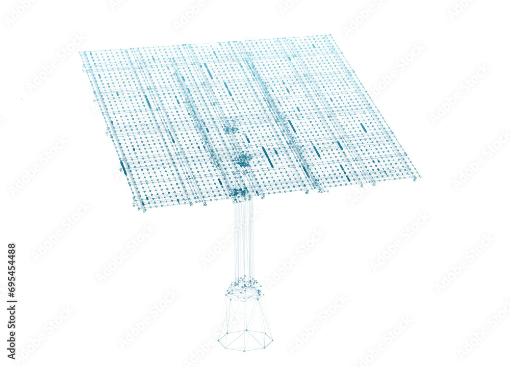 A 3D illustration of a solar panel in abstract hologram wire frame ...
