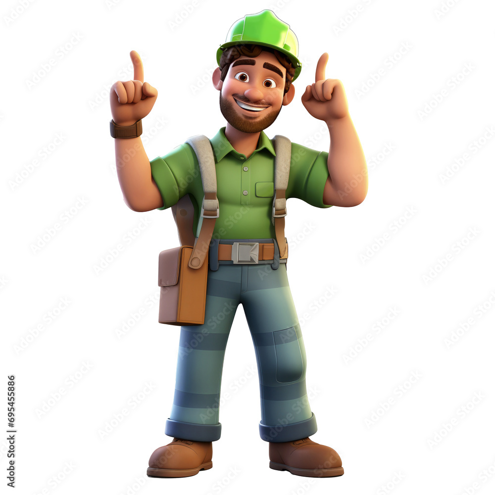 Character man builder in a green helmet, with smile, in construction ...