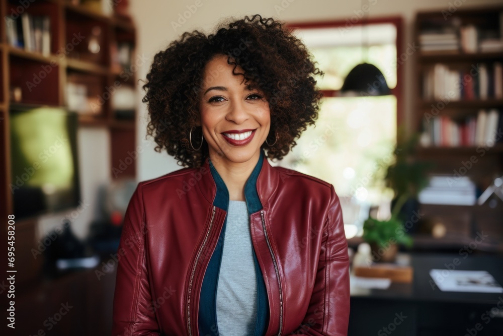 Portrait of a smiling afro-american woman in her 40s sporting a stylish ...