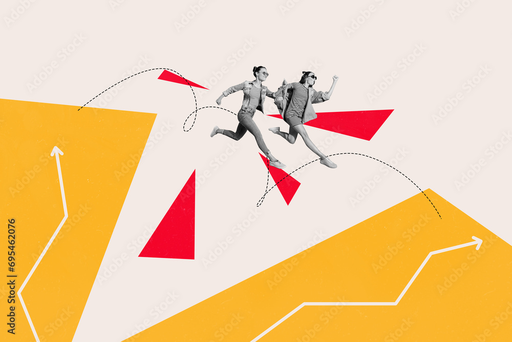 Creative photo collage picture two running young girl overcome ...