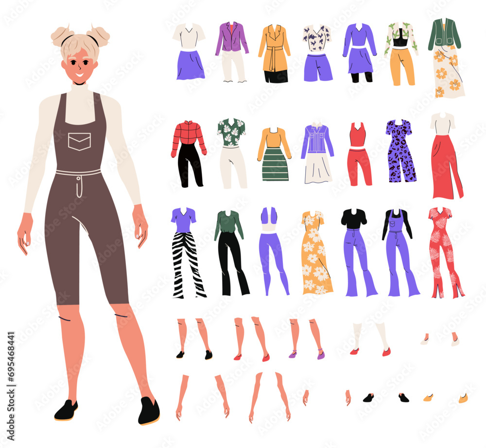 Girl in trendy flat style. Set of clothes. Different emotions and ...