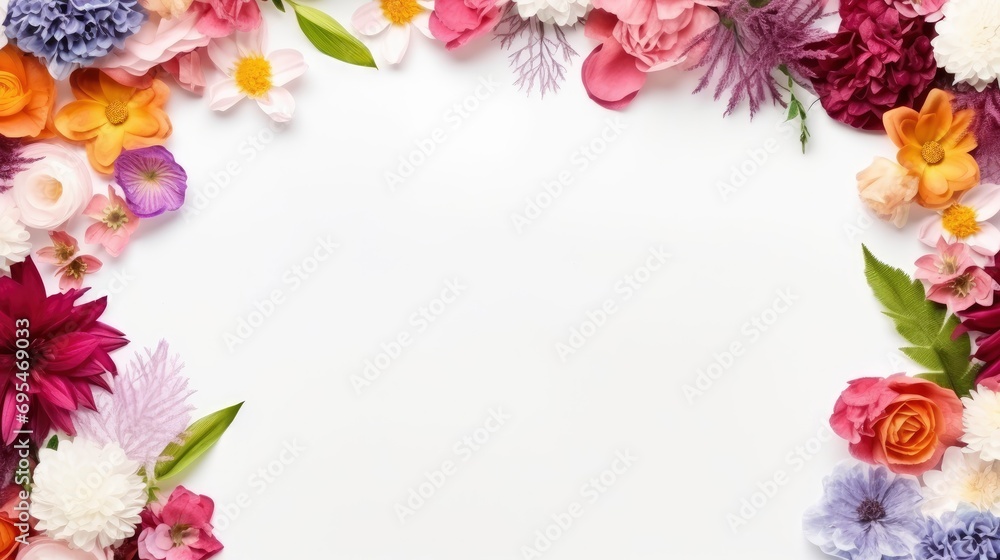 A frame of vibrant color flowers with decorations on a white background ...