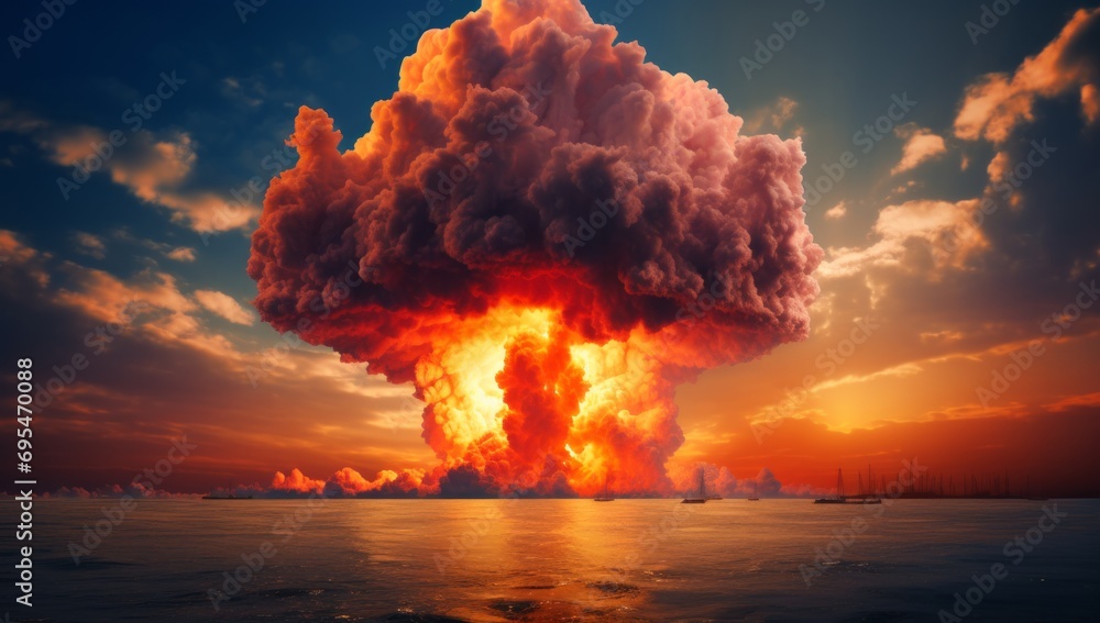Majestic explosion over ocean at sunset, fiery clouds and dramatic ...