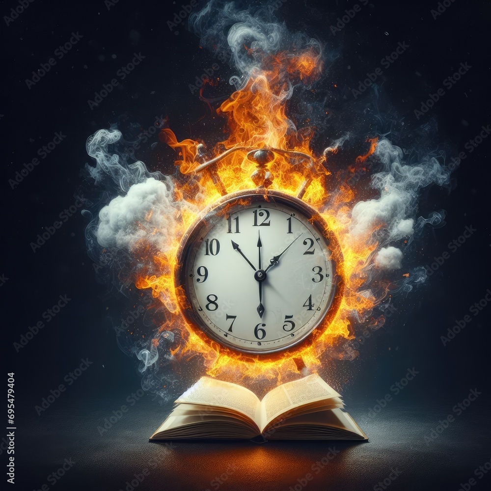 Clock on fire with smoke, burning time, late alarm warning, urgent or ...