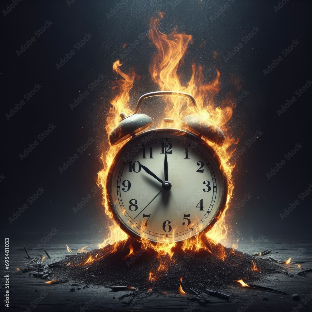 Clock on fire with smoke, burning time, late alarm warning, urgent or ...