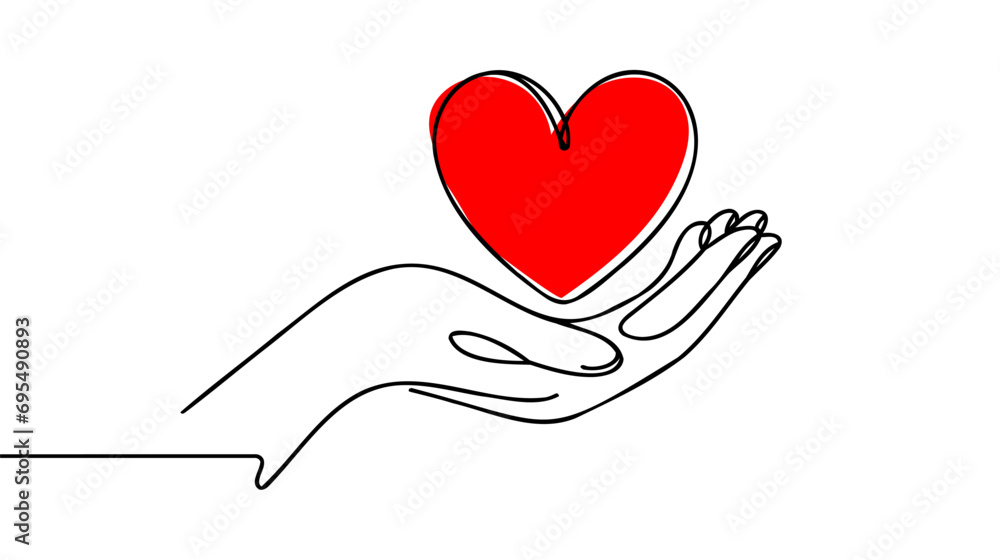 Continuous one line drawing hand holding red heart. Charity donation ...