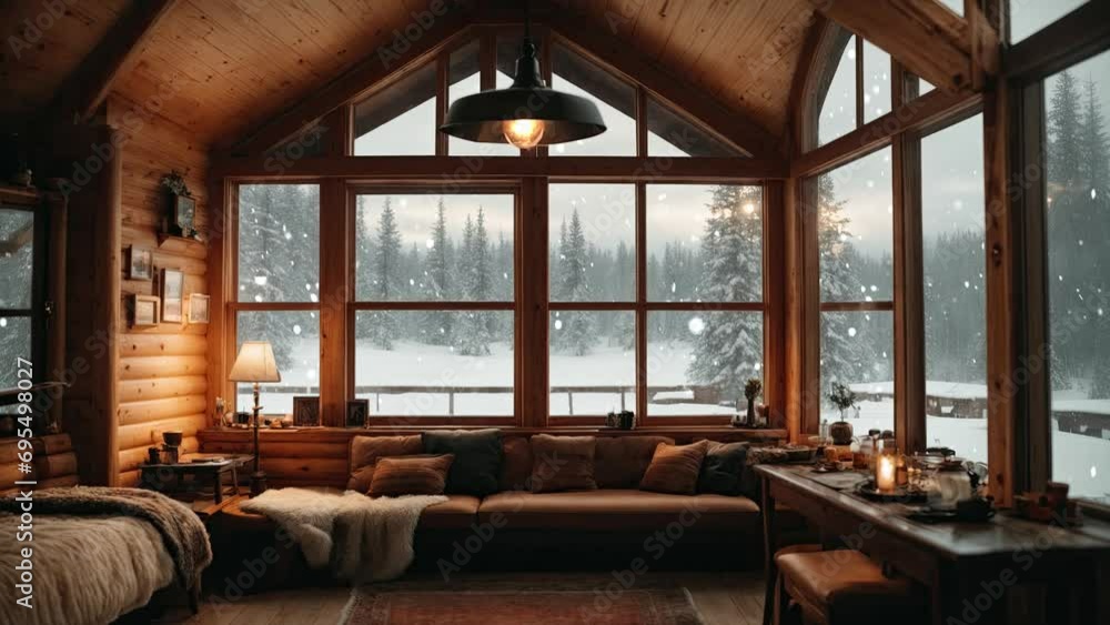 Cozy living room wooden cabin, winter cabin ceiling lights warm throw ...