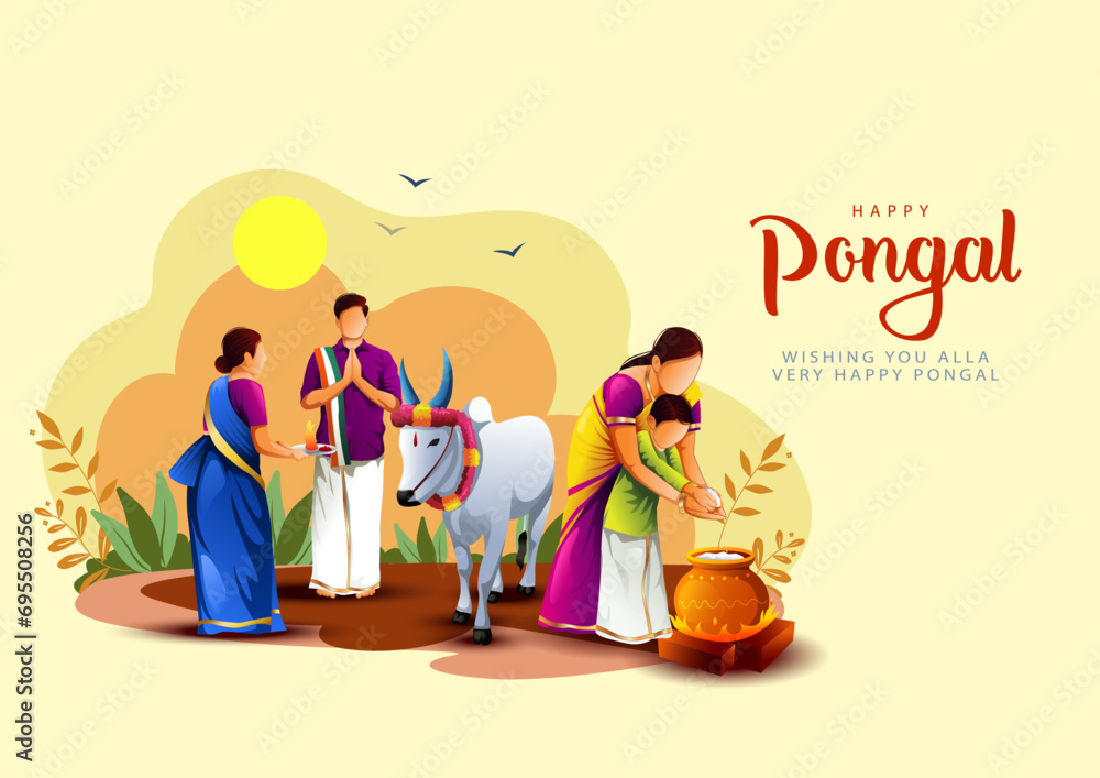 Happy Pongal celebration with sugarcane, Rangoli and pot of rice. Tamil ...
