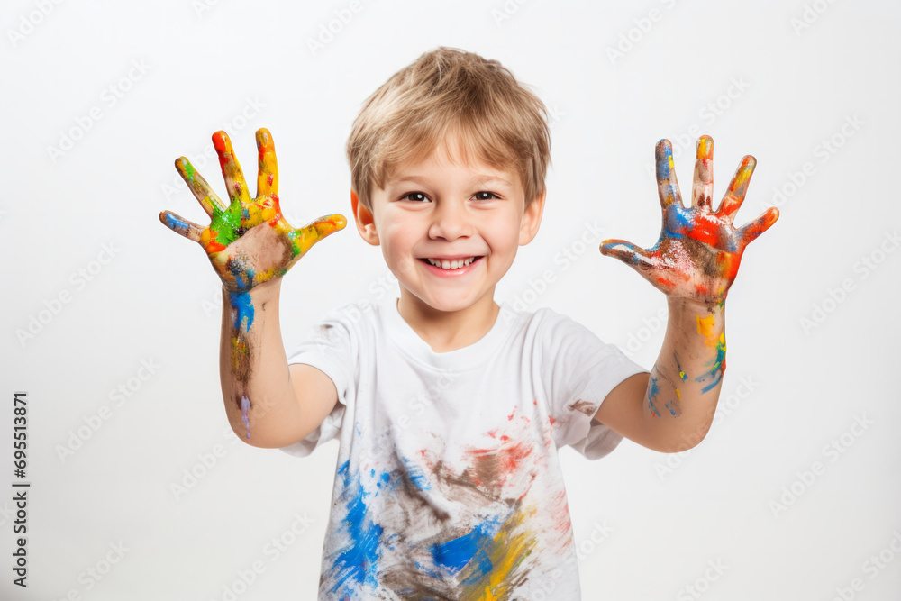 child with painted hands. Child showing colourful painted hands, in the ...