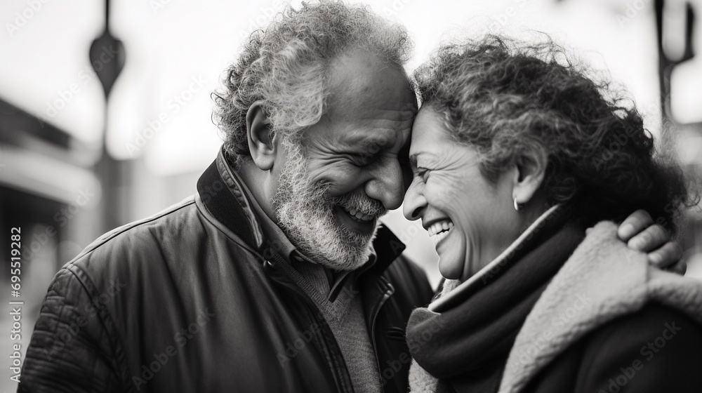 Happy elderly Hispanic couple have fun together smiling and hugging ...