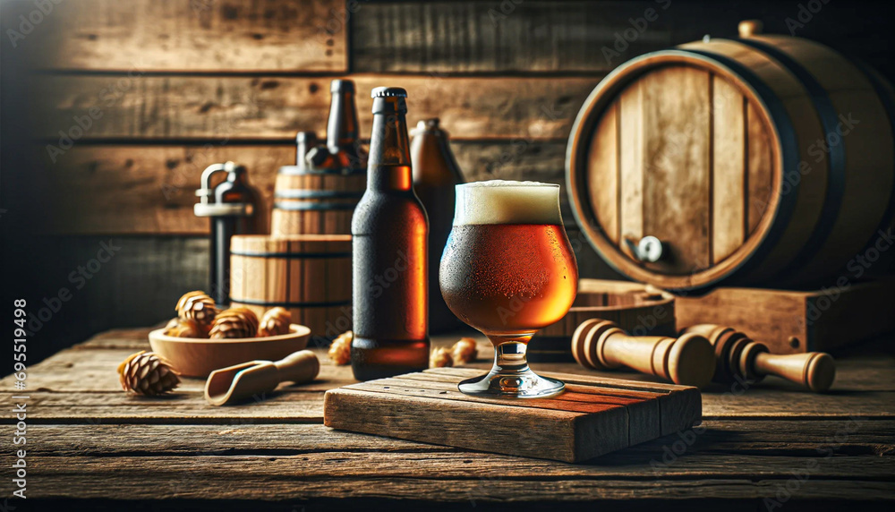 Artisanal beer, ideal as a product photo, set in a wood-themed ambiance ...