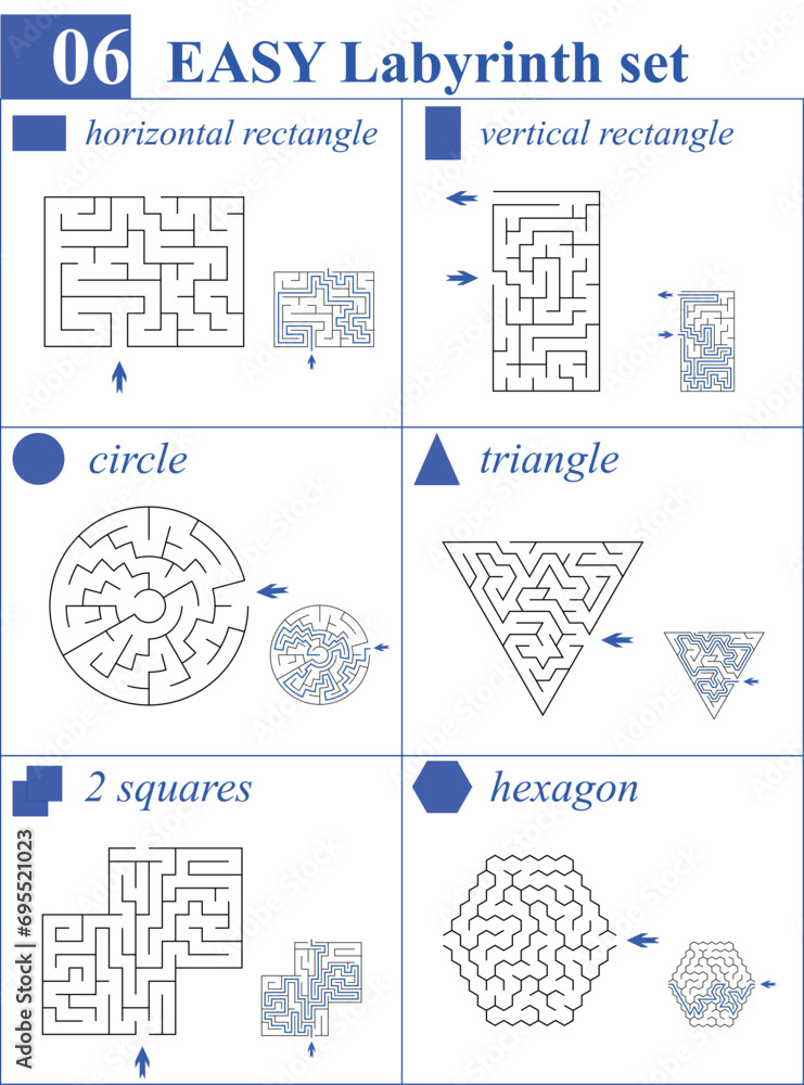 Set of 6 labyrinths in different shapes: vertical and horizontal ...