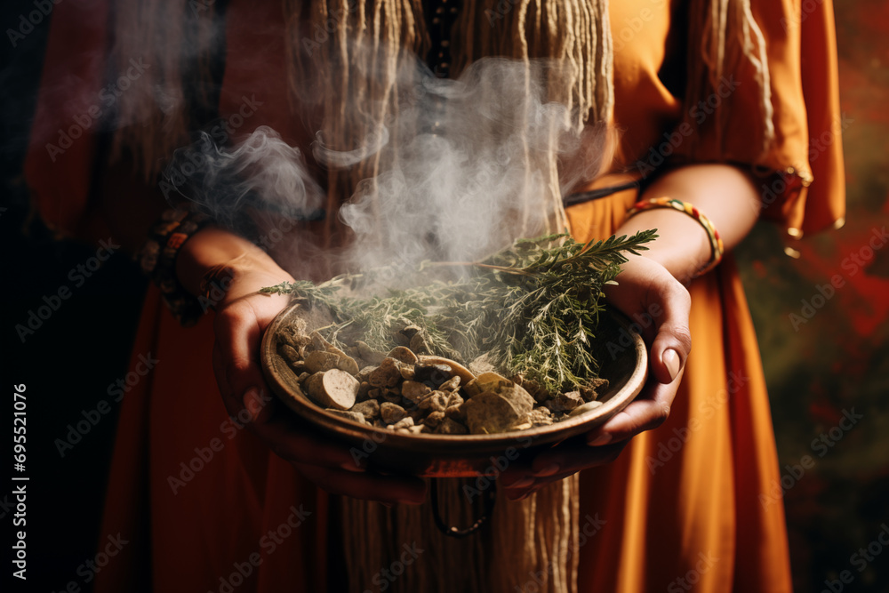Sage smudging ceremonies with ethereal smoke, leaving space for ...
