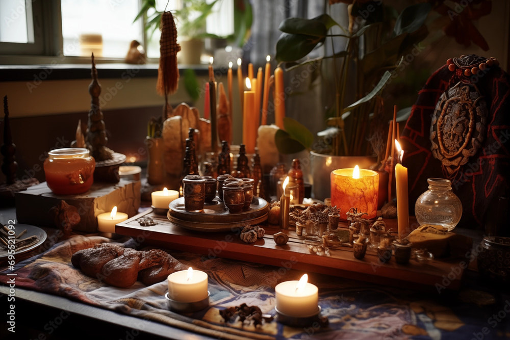 Sacred altars adorned with candles and artifacts, with room for ...