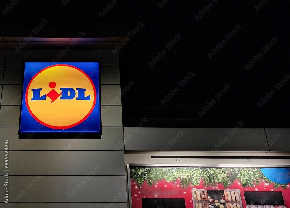 LIDL logo on hypermarket from German chain, part of Schwartz Gruppe ...